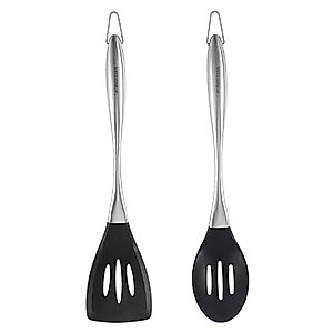 FONGLUAN Silicone Cooking Utensils Set, Set of 2, Kitchen Spatulas and Slotted Basting Spoons, Nonstick Cookware, BPA Free Heat-Resistant Kitchen Utensils, Black