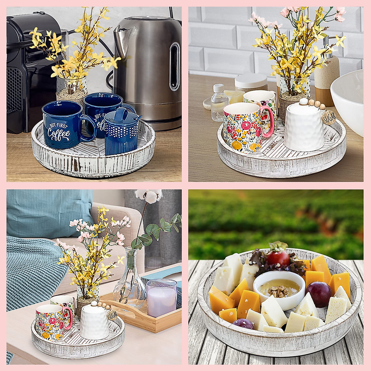 Paper and Pallet Rustic White Wood Lazy Susan - 12.5 Inch Farmhouse Turntable Kitchen Cabinet Organizer Tray - Distressed Round Wooden Spice Rack - Rotating Centerpiece for Dining Table & Countertop