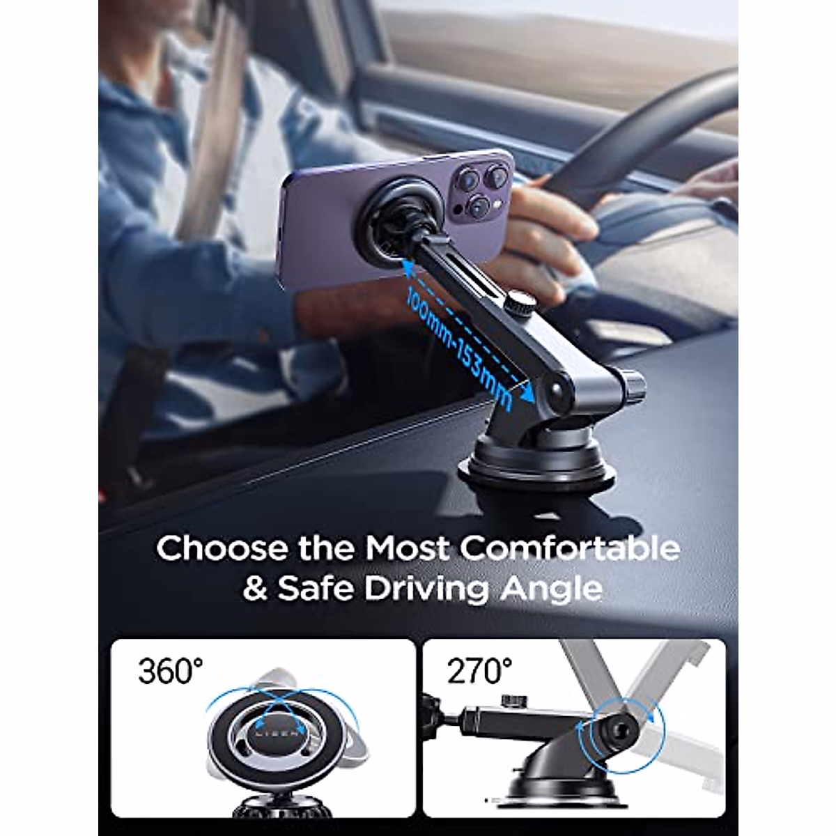 LISEN Compatible for Magsafe Car Mount for iPhone, 16 Strong Permanent Magnets Dashboard Phone Holder [Super Suction] iPhone Magsafe Car Mount Fit for iPhone 14 13 12 Pro Mini Magsafe Case All Phones