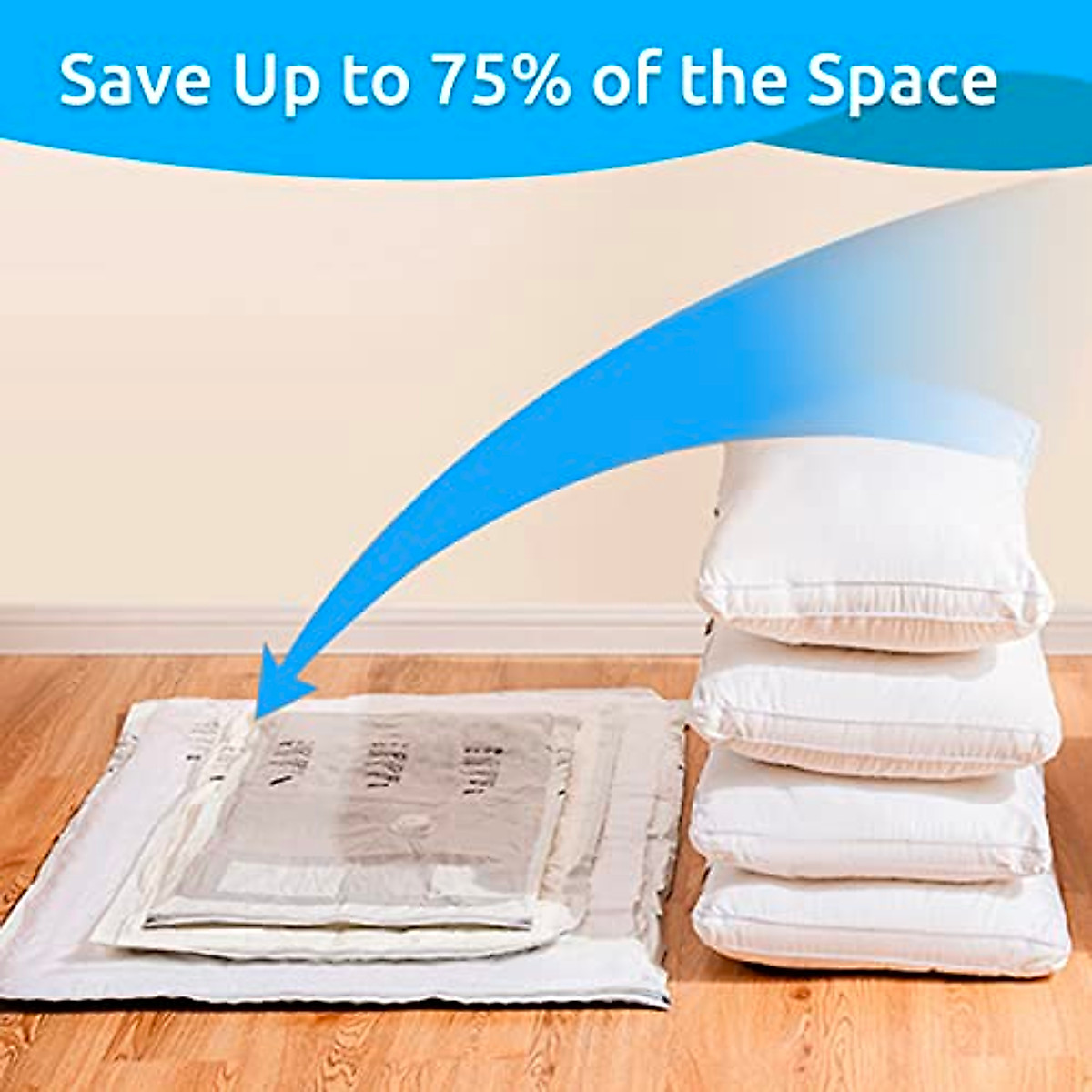 COSadiman Vacuum Storage Bags Space Saver Bags with Hand Pump, 6 PCS Plain/Flat Heavy Duty Space-saving Storage Bags,Vacuum Sealed Bags for Beddings Quilt Clothes Blankets Comforters Closet Organizers, Save Up 80% Space (Large, Transparent)