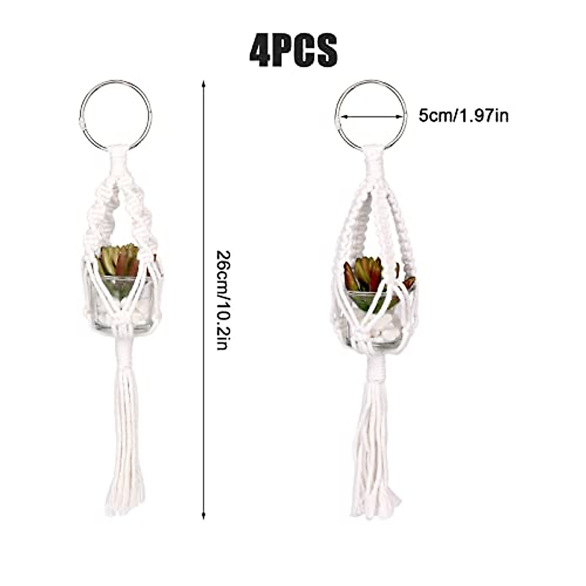 SAVITA 4 Pcs Car Plant Hangers, Mini Macrame Plant Hanger, Rear View Mirror Charm Hanging Plant Holder Accessories for Succulent Chlorophytum Car (White, 4 Styles)