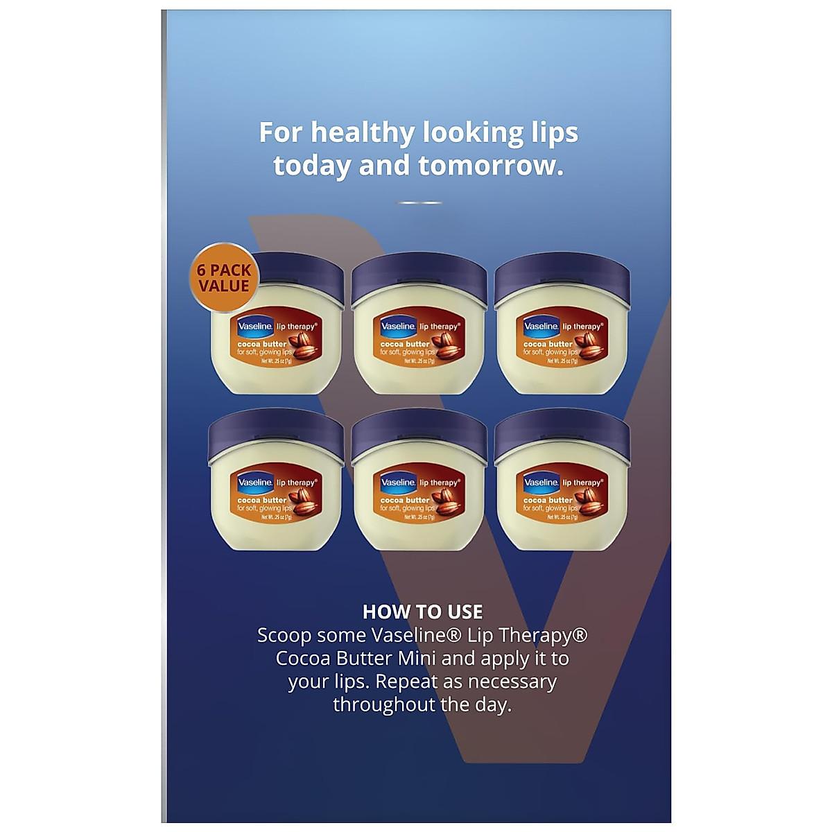 Vaseline Lip Therapy Cocoa Butter Mini, White Petrolatum, Advanced Moisturizer, Relieves Dull and Dry Skin, Mini Vaseline Petroleum Jelly, Soft & Smooth Vaseline Lips (Pack of 6-0.25 Oz Ea)