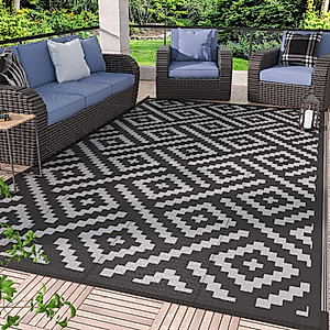 GENIMO Outdoor Rug for Patio Clearance,6'x9' Waterproof Mat,Reversible Plastic Camping Rugs,Rv,Porch,Deck,Camper,Balcony,Backyard,Black & Gray
