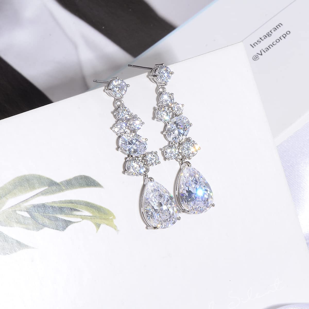 Bridal Earrings for Wedding Silver - 14k Plated Sterling Silver Teardrop CZ Cubic Zirconia Crystal Rhinestone Floarl Leaf Cluster Long Fashion Statement Costume Earrings for Wedding Party Prom