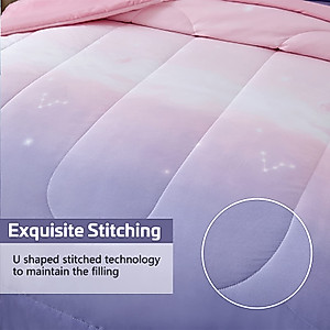 Girls Comforter Set Queen Size 7 Pieces Bed in A Bag Ombre Pink Purple Rainbow Bedding Set Collections for Teen Women (1 Comforter, 1 Flat Sheet, 1 Fitted Sheet, 2 Pillow Shams, 2 Pillowcases)