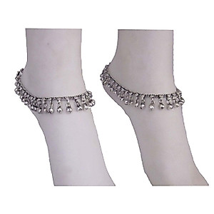 Anklet Pair Chain Bell Tassel Handcrafted | Boho Gypsy Goth Hippie Festival Vintage Style Ankle Bracelet Feet Jewelry | Womens Novelty Fashion Accessory | Indian Payal Metallic Silver Oxidized Finish