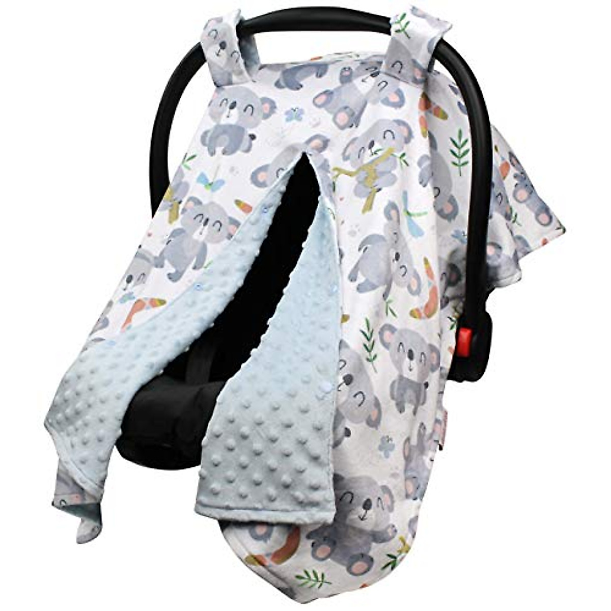 Baby Car Seat Canopy Cover - Baby Koala Bears & Butterflies with Light Blue Minky Dot