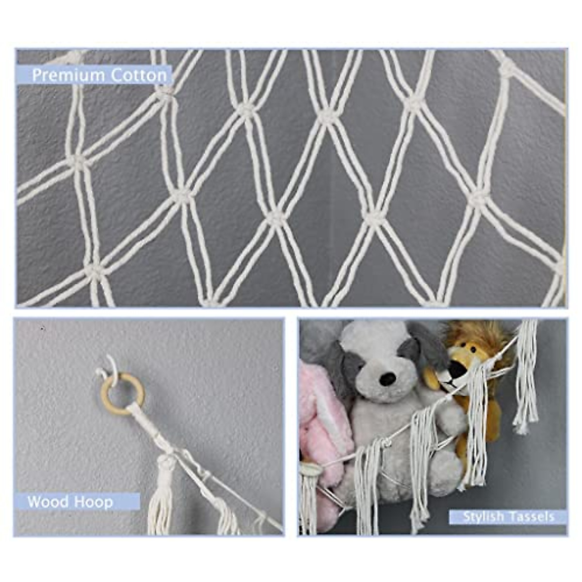 Lovely Baby Genius Stuffed Animal Net, Toy Hammock with 3 Strong Metal Hook - Macrame Stuffed Animal Hammock for Kids Room, Squishmallow Net