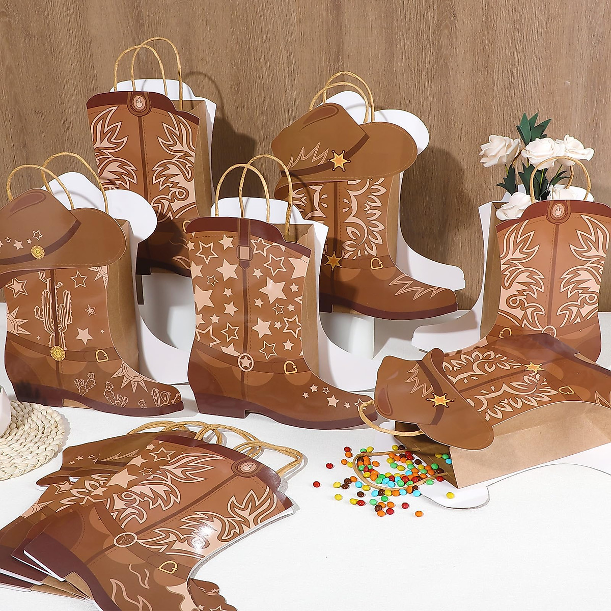 24Pcs Cowboy Boots Paper Bags Western Theme Party Decorations Favors Wild West Kraft Gift Bag with Handles Rodeo Cowgirl Boot Hat Goodie Bag for Cowboy Birthday Bachelorette Baby Shower Party Supplies