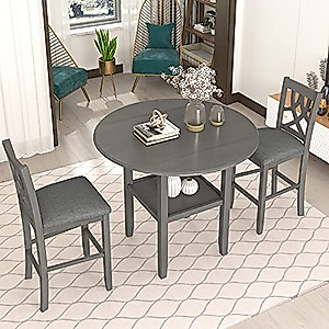 Harper & Bright Designs 3 Piece Counter Height Kitchen Dining Set with Round Drop Leaf Dining Table, Shelf and 2 Cross Back Padded Chairs, Farmhouse Dining Room Set for Small Places, Gray