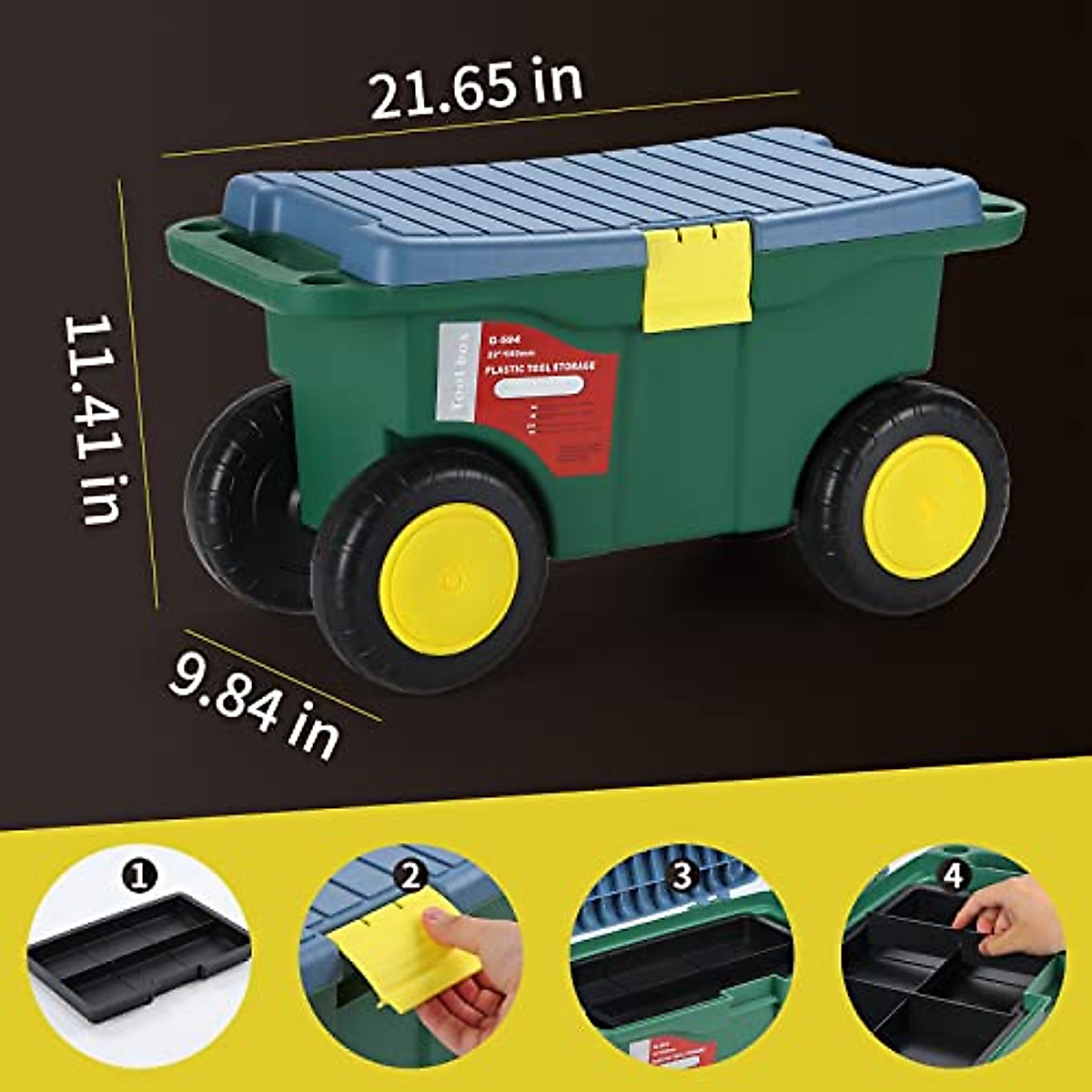 Multi-Use Garden Scooter with Seat, Rolling Storage Bin with Bench Seat and Interior Tool Tray，Gardening Stool for Weeding and Planting