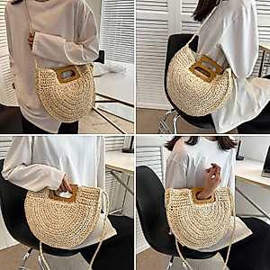 QTKJ Summer Beach bag, Hand Made Straw Beach Bag Semicircle Shape Tote Bag, Zip Opening Large Capacity Designer Handbags for Women Shoulder Messenger Bag(Beige)