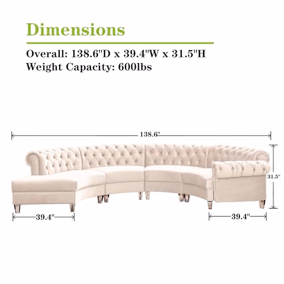 Legend Vansen Curved Velvet Sectional Sofa,Modern Upholstered Tufted Modular Sectional Sofa with Metal Legs,Comfy Semicircle Couch with Rolled Arms and Nailheads for Living Room,Bedroom（Beige）