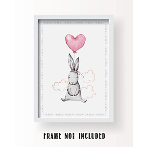 TJ Originals - Children's Nursery Bunny Wall Art - Unframed 11 x 14 Cute Colour Print - Makes a Great Gift for Family and Friends - Unique New Baby Gift, Under $20 Gift (Bunny Pink Balloon)