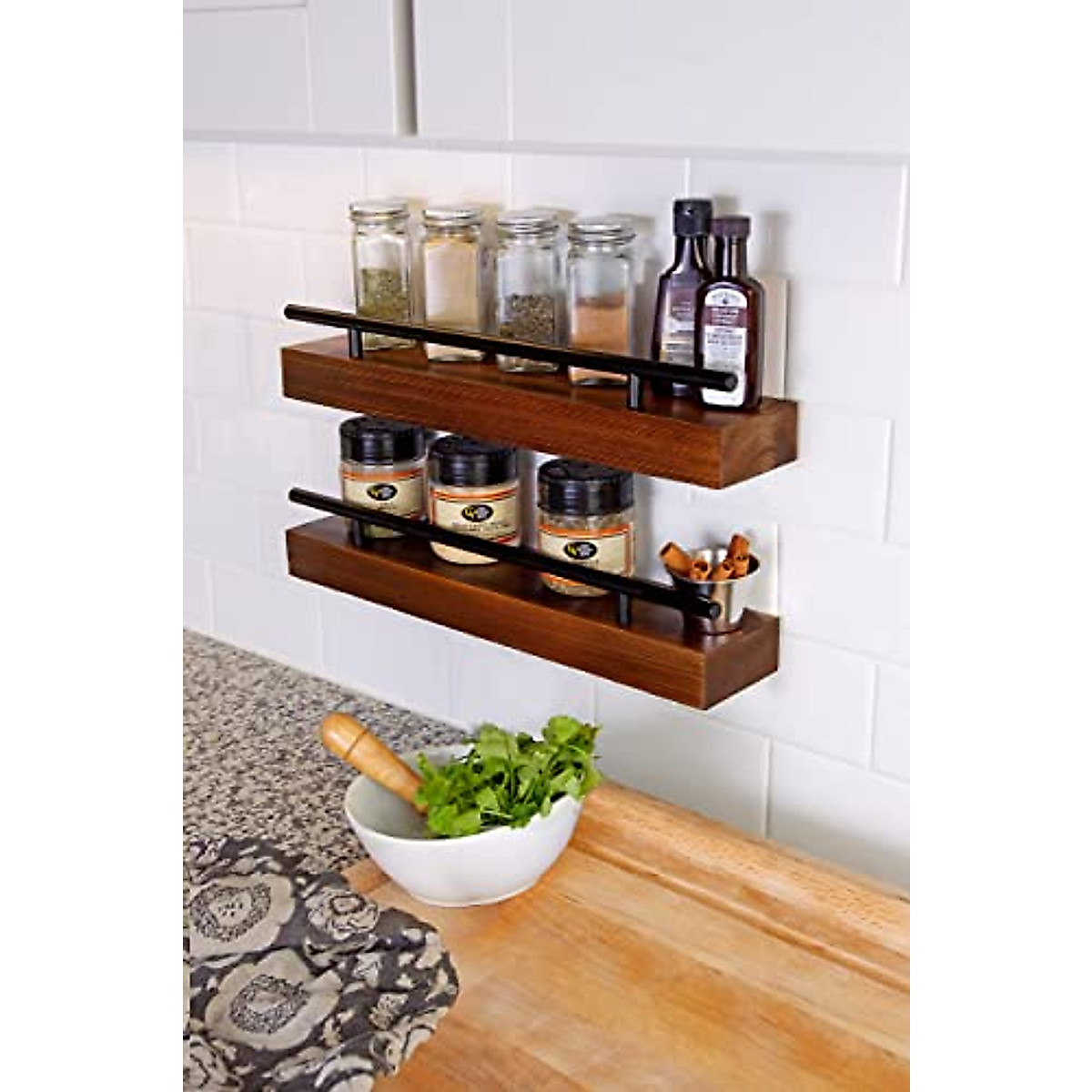 Ripple Creek Floating Shelf Spice Rack - Multipurpose Pantry, Kitchen & Bathroom Wall Mounted Organizer for Spices, Essential Oils - Rustic Wood Hanging Shelving for Home - Solid Pine