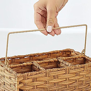 mDesign Plastic Woven Divided Cutlery Storage Organizer Caddy Tote; Basket Holder for Kitchen Table, Cabinet, Pantry - Holds Silverware, Forks, Knives, Spoons, Napkins and other Utensils - Camel Brown