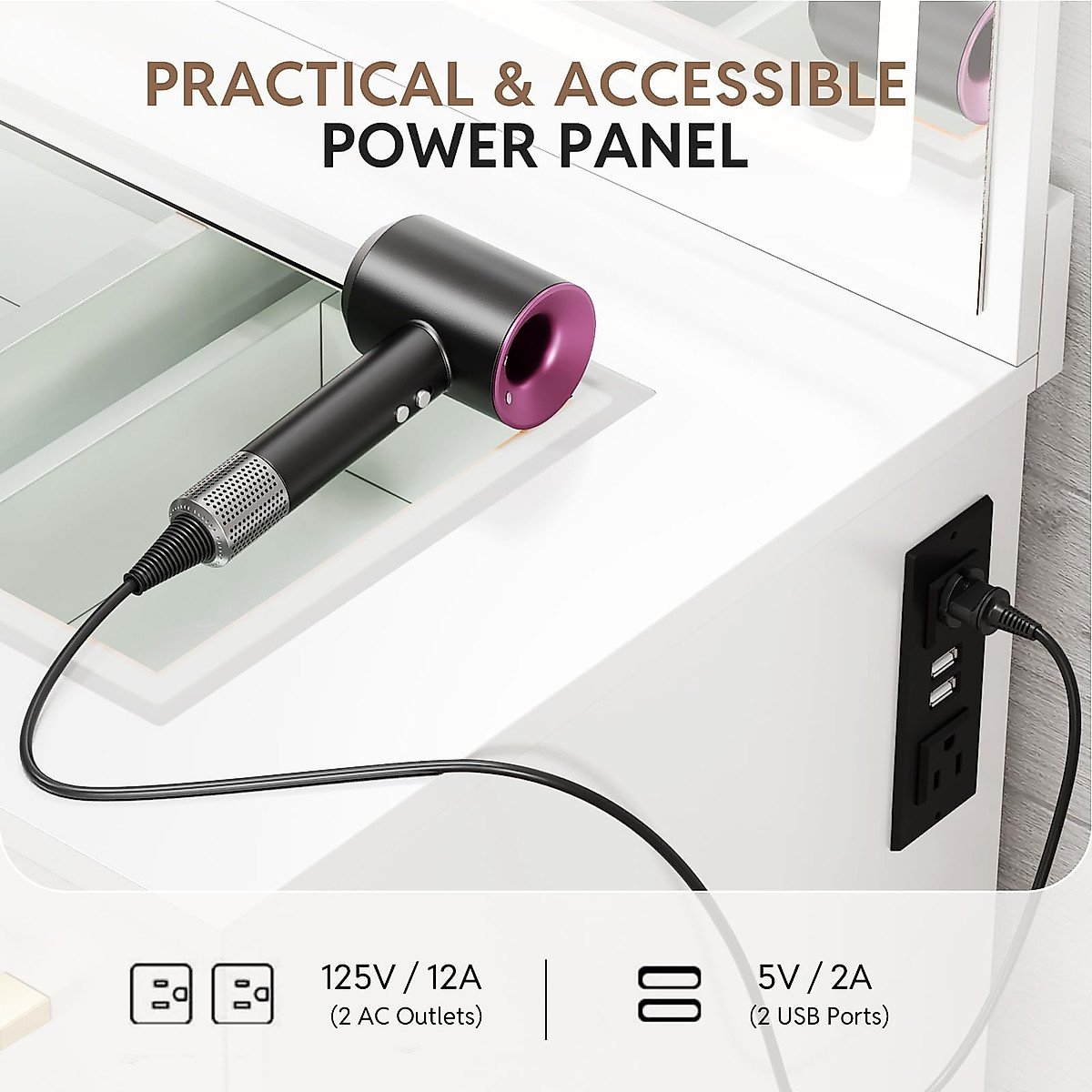 WAYES 43.3" Clear Glass Top Makeup Vanity Desk Set with LED Mirror, Charging Station, and Storage Stool, Modern, White