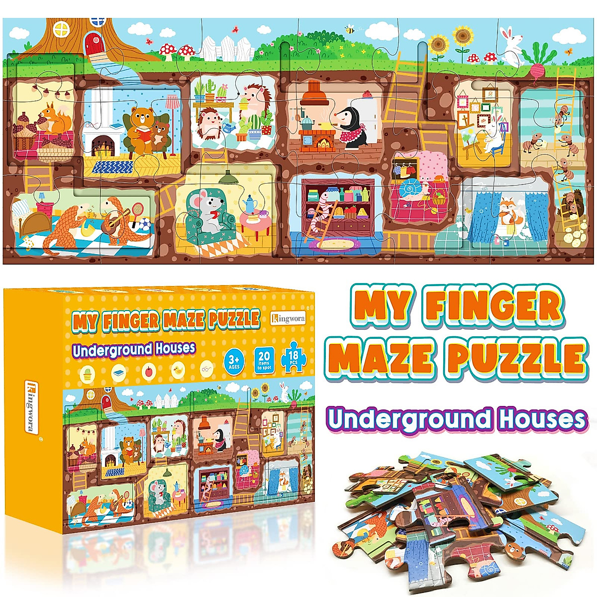 Floor Puzzles for Kids - Underground Houses Finger Maze Puzzle for Children 3 and up,18 Pcs Fit Together Perfectly,Toddler Children Learning Preschool Educational Development Toys