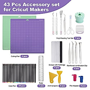 Accessories Bundle for Cricut Machine Maker, 43 pcs All in one Tool Kit Compatible for Cricut Machine, Cricut Maker Weeding Tool, Colored Pencil, Cutting Mat, Scraper, Ruler, Pen Adapter