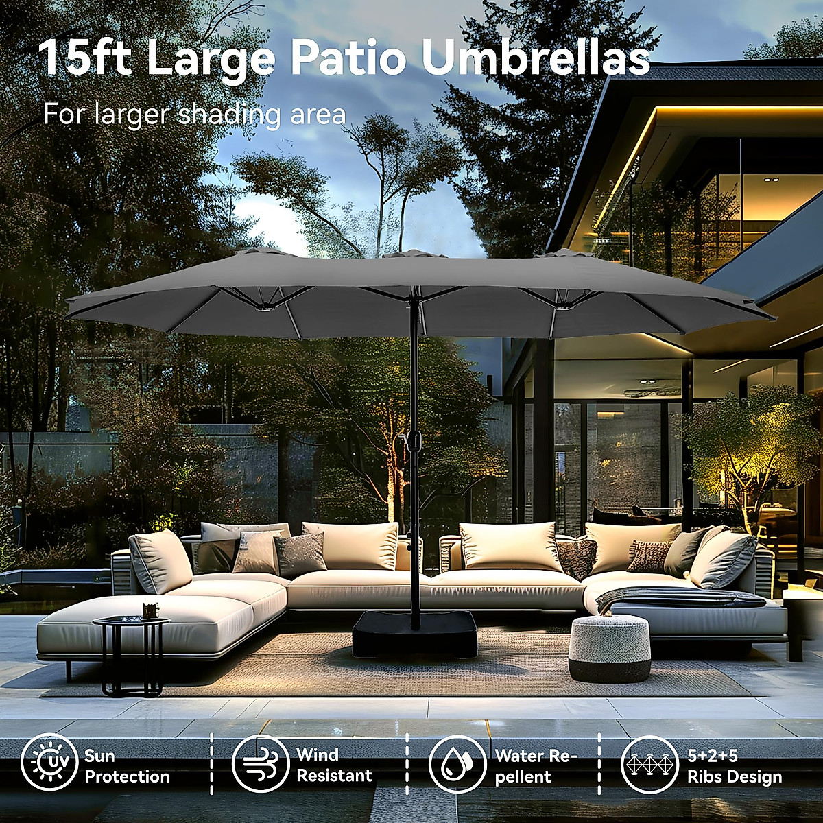 PHI VILLA 15ft Large Patio Umbrellas with Base, Outdoor Double-Sided Rectangle Market Umbrella for Pool Lawn Garden, Light Gray
