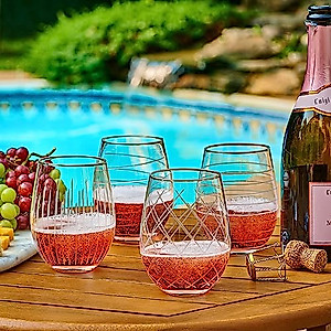 Set of 4 Etched Stemless Wine Glasses - Wine Tumbler Drinking Glass Cups - Kitchen Water Glasses Gift Cup Sets - Lowball Cocktail Glasses for Wedding Anniversary Drink