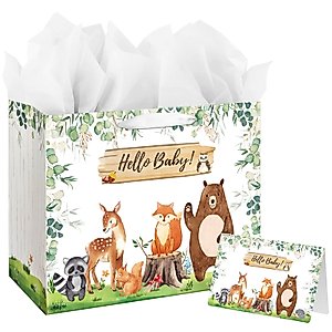 13" Large Baby Boy Girl Gift Bag for Baby Shower or Birthday with Handle, Tissue Paper and Greeting Card (Woodland Animals Sage Green Design)