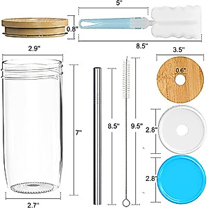 Glass Cups Set（ 4 Pack） - 24oz Mason Jar with Lid and Straw Reusable Iced Coffee Cup Wide Mouth Bubble Cups, Smoothie Bobo Cup w 12 Airtight Lids Brush, Travel Glass Drinking Bottle, Juice