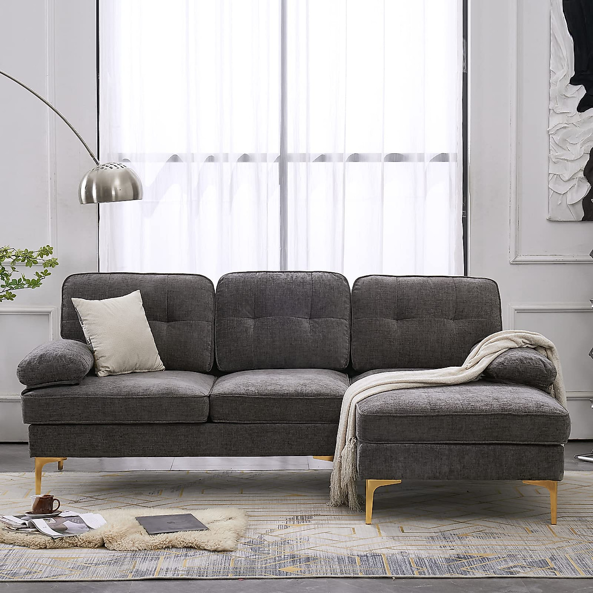 Karl home Sectional Sofa 83" L-Shape Sofa Couch 3-Seat Couch with Chaise ChenilleFabric Upholstered for Living Room, Apartment, Office, Dark Gray