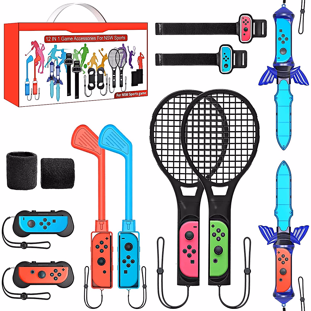 2024 Switch Sports Accessories Bundle Set , 12-in-1 Family Party Pack Game Accessories Kit for Nintendo Switch OLED Sports Games with Tennis Rackets, Golf Clubs ,Sword and Wrist Strap