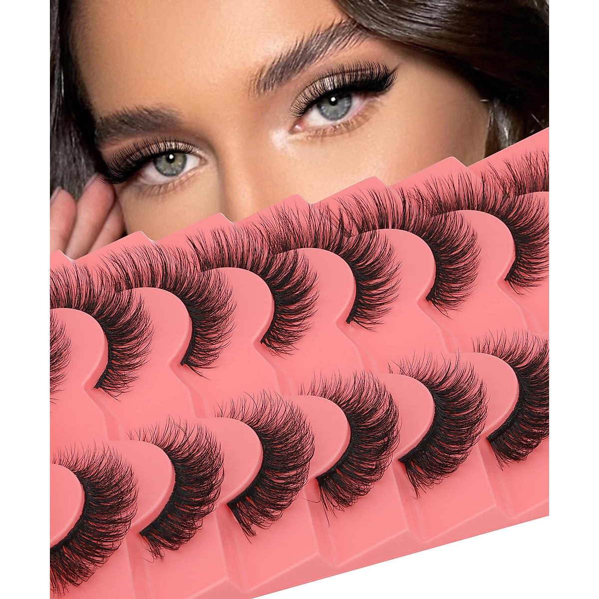 False Eyelashes Natural Mink Lashes 15mm Wispy Curl Eyelashes 5D Fluffy Volume Cat Eye Fake Lashes Pack 8 Pairs by Yawamica