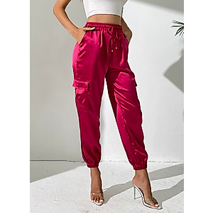 Women's Satin Cargo Joggers Pants Dressy Casual Silky Elastic High Waist Trousers Hot Pink