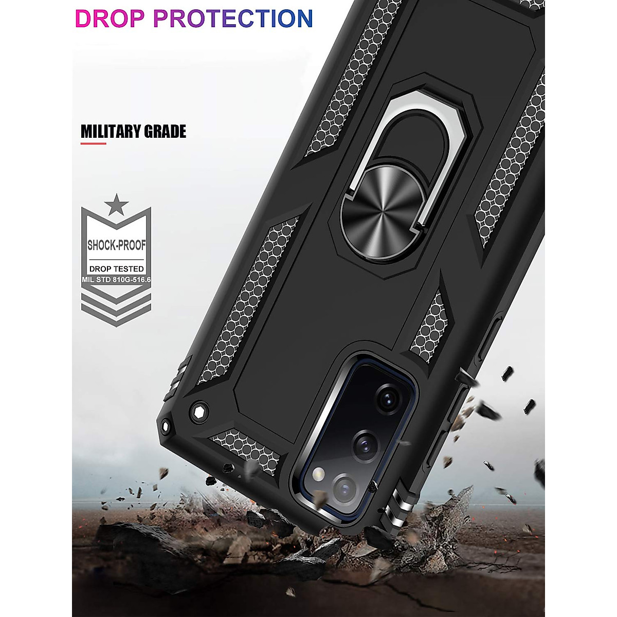 LUMARKE for Galaxy S20 FE Case with Screen Protector,Pass 16ft. Drop Tested Military Grade Cover with Magnetic Ring Kickstand,Protective Phone Case for Samsung Galaxy S20 FE Black