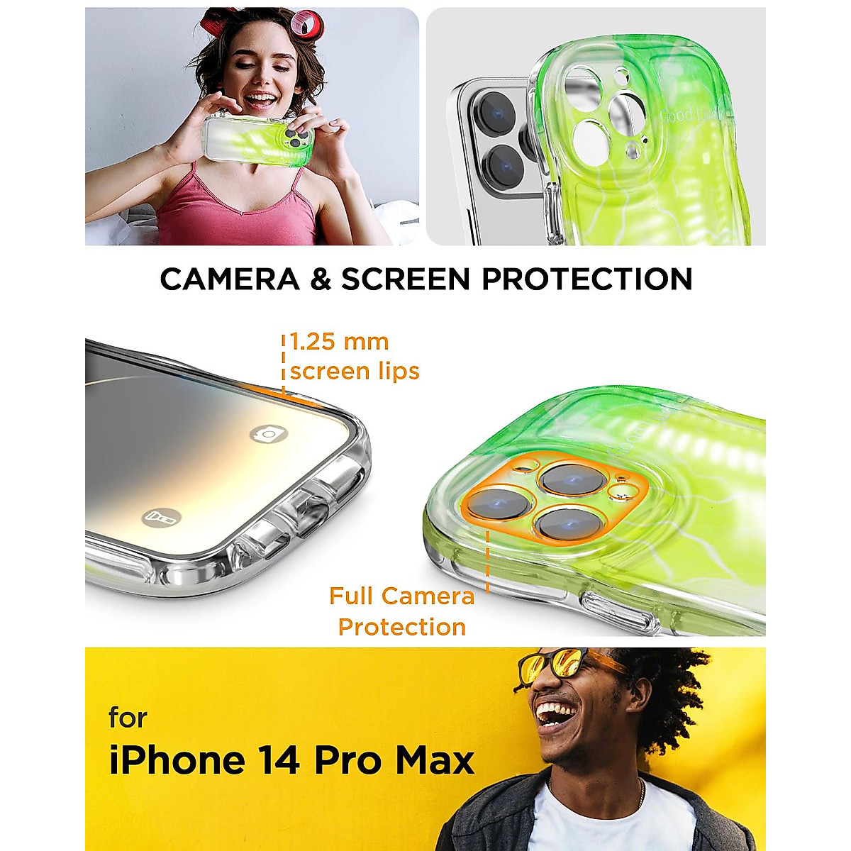 AICase iPhone 14 Pro Max Case Curly Wave Frame Cute Design with Full Camera Lens Protection,Aesthetic Kawaii Slim TPU Bumper Luxury Plated Shockproof Protective Transparent for Women Girls Men_4