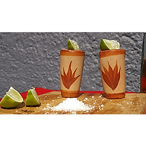 MEXTEQUIL - Tequila Shot Glasses - Set of 4 Terracotta Mexican Shot Glasses - 2 Oz - Natural & Colorful Clay - Barro Canelo & Capulineado - Handcrafted Hand-painted (Agave)