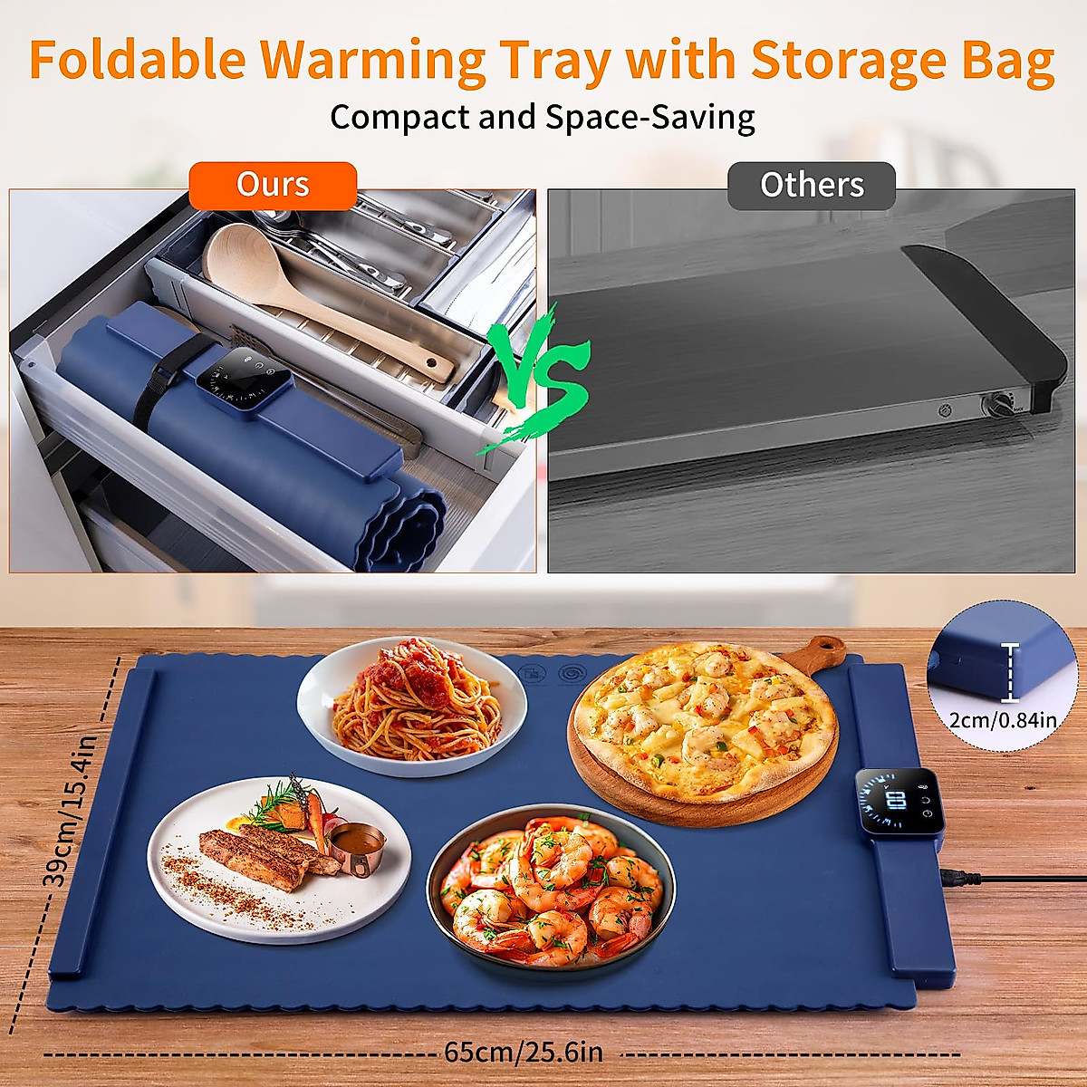 Fuloon Electric Warming Tray, Food Warmer, Silicone Mat Fast Heating, 5 Adjustable Temperature, 4 Timeable Function, Portable Foldable Roll Up Heating Pad for for Pizza, Dishes & Dinners