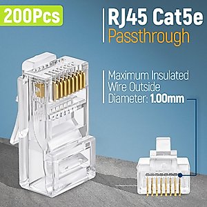 Everest Cat5e RJ45 Pass Through Connector 200-Pack - EZ Cat 5e Pass Through RJ45 Connectors - Cat 5e Connectors - Ethernet Connector, Ethernet Plug - for Solid or Stranded UTP Network Cable