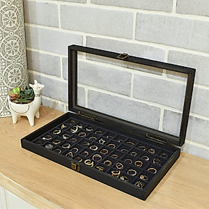 MOOCA Natural Wood Tempered Glass Top Jewelry Display Case Accessories Storage Box with Metal Clasp & Removable 50 Compartment Flocked Tray Liner, Wooden Jewelry Tray for Collectibles, Black