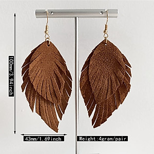 JIUIQL Handmade Bohemian Large Soft Genuine Leather Fringe Double Feather Lightweight Color PU Leaf Drop Dangle Earrings for Women Fashion Jewelry Gifts (Brown)