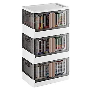 Sillars Storage Bins with Lid, Plastic Foldable Storage Box, Stackable and Nestable Storage Container for Home Organization, 3 Packs, 8 Gallons, Transparent