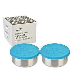 LunchBots 4.5 oz Leak Proof Snack and Side Dish Containers - Spill Proof in Bags and Bento Boxes - Food-Grade Stainless Steel With Silicone Lids - Set of 2 (Aqua)
