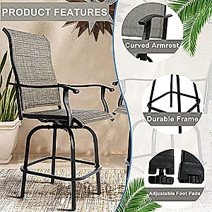BENAROME Outdoor Swivel Bar Stool Set, High Patio Bar Chairs, All Weather Furniture Breathable Textilene for Bistro Lawn Backyard (4, Gray)
