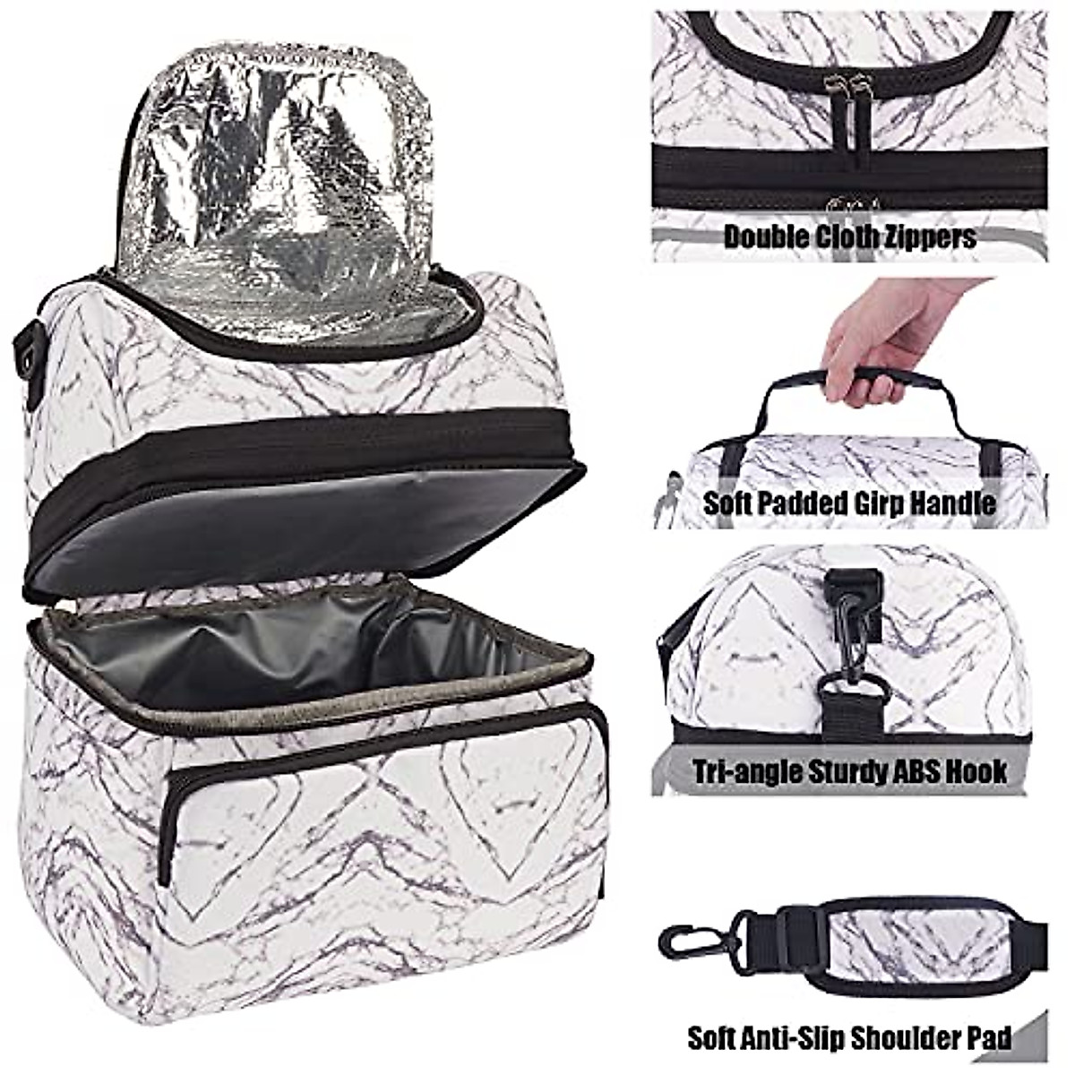 VENLING Insulated Lunch Bag for Men Women Expandable Dual Compartment Lunch Cooler Bag with Shoulder Strap Cooling Lunch Tote for Work Double Deck Lunch Box Leaproof Reusable Lunch Pail,Black Marble