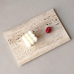 StonePlus Hole Stone Right Angle Marble Slab Surface Plate with Non-Slip Mat Decorative Tray for Home (Beige Travertine 11.8x7.87x0.39)