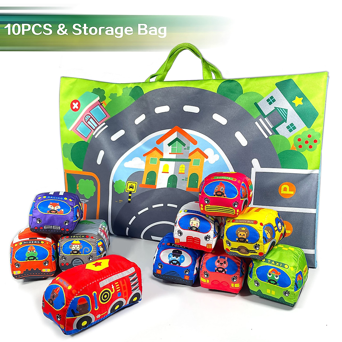 Soft Car Toy Set with Play Mat for 1 Year Old Baby, 10 Vehicle, 1 Play Mat Storage Bag, Baby Toys 12-18 Months, Early Educational Toys Birthday Gift, Toys for 1 2 3 Year Old Toddlers Boys Girls