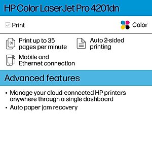 HP Color LaserJet Pro 4201dn Printer, Print, Fast speeds, Easy setup, Mobile printing, Advanced security, Best-for-small teams,white