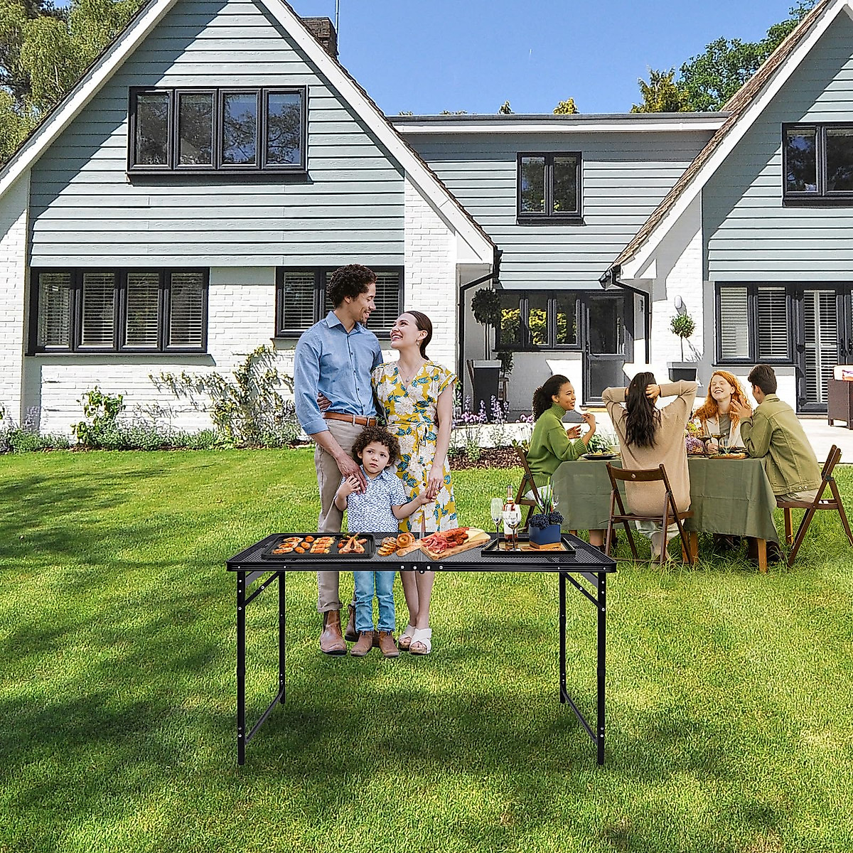 Moosinily Camping Table 4FT Grill Table Foldable Folding Table Picnic Portable Stand Mesh 3 Height Adjustable Outdoor Card BBQ RV Black 47.2×23.6 inch