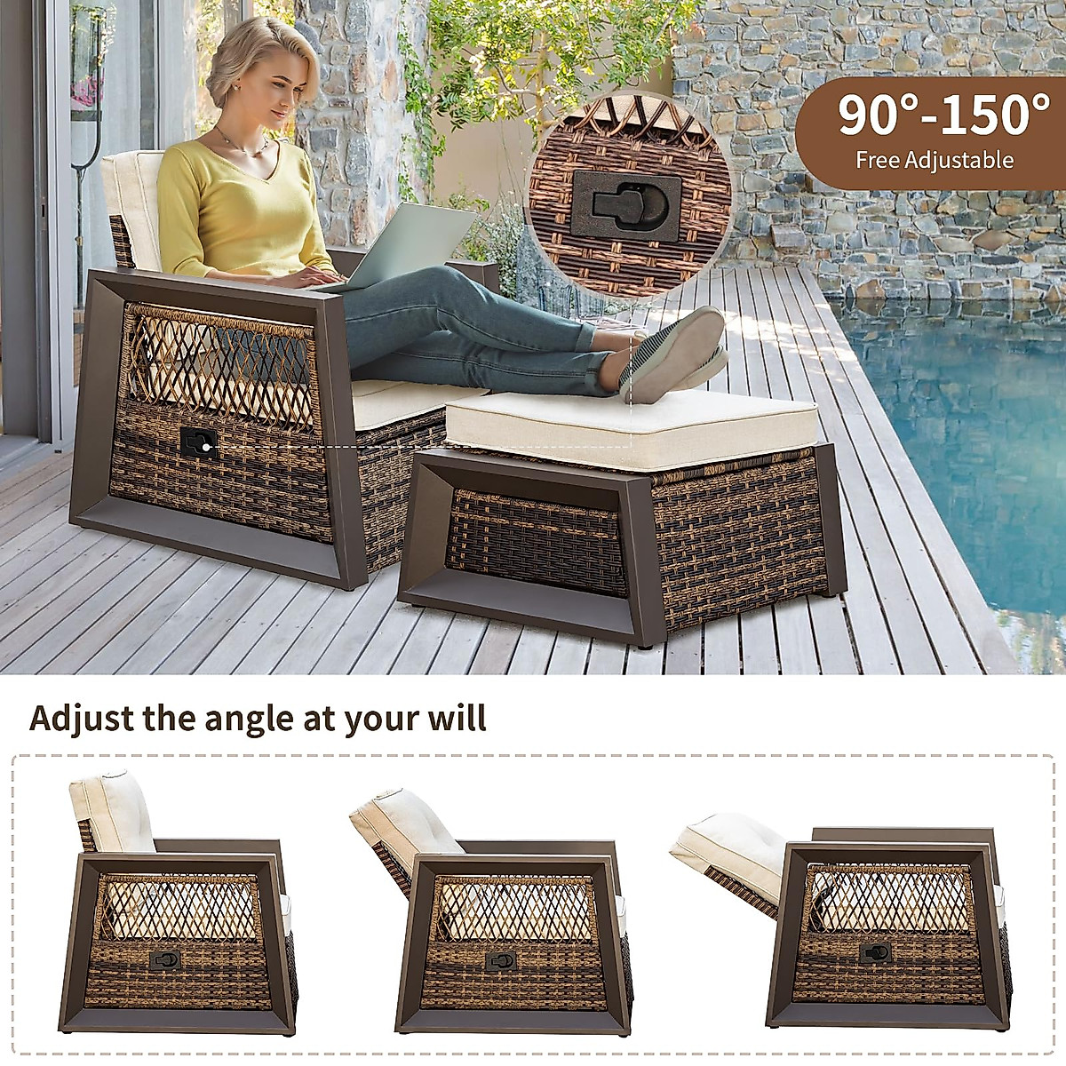 6 Pcs Outdoor Furniture Set, Patio Furniture with Aluminum Frame, Wicker Recliner Chairs with Ottomans, Modern Outdoor Conversation Set Sectional Sofa, Rattan Patio Set with Storage Table (Brown)