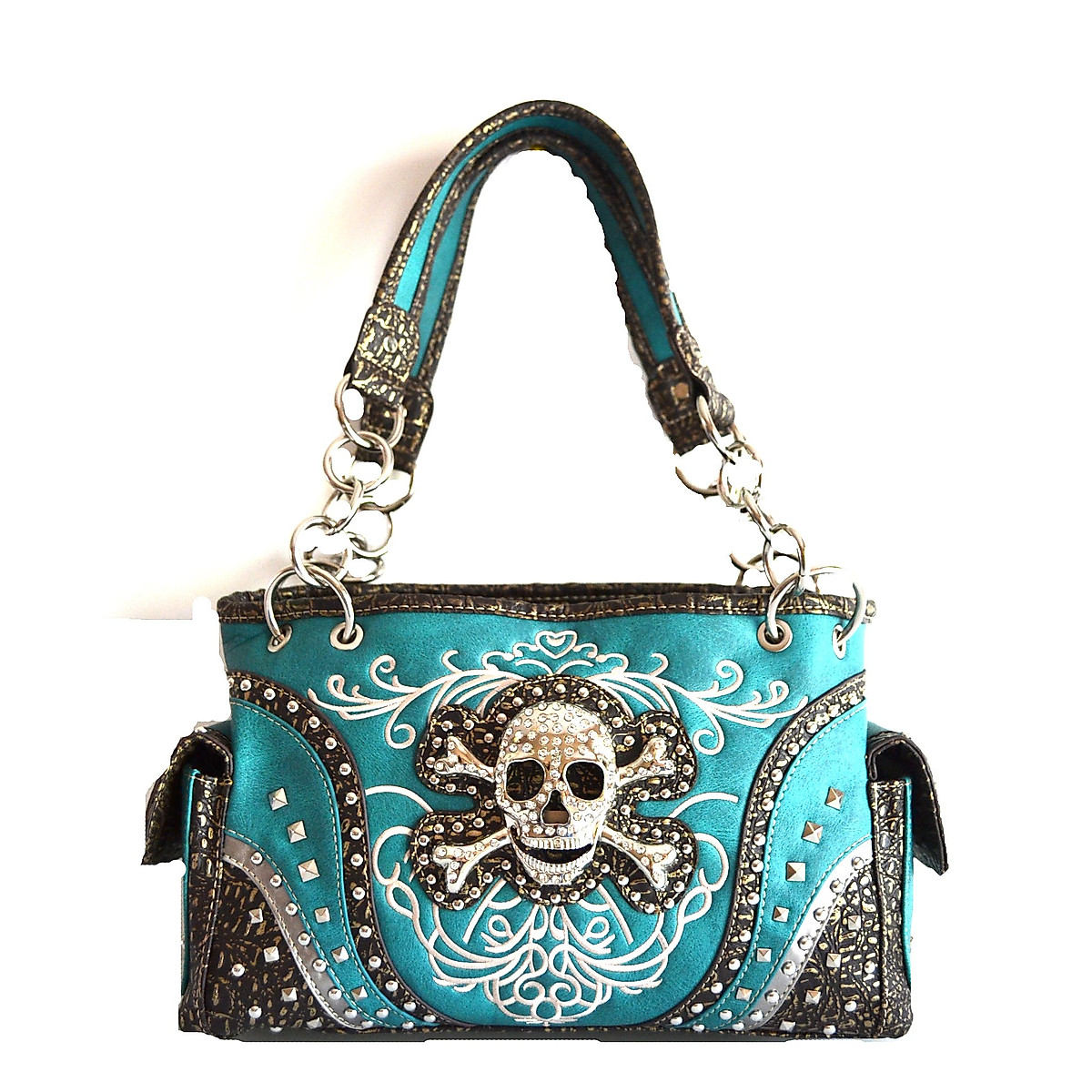 western rhinestone skull concho stitched handbag purse set (blue)