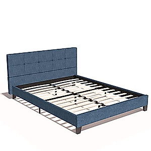 Melpomene Queen Bedframe Navy Linen Upholstered, Staycation Style Mattress Foundation with Wood Slats and Headboard for Bedroom