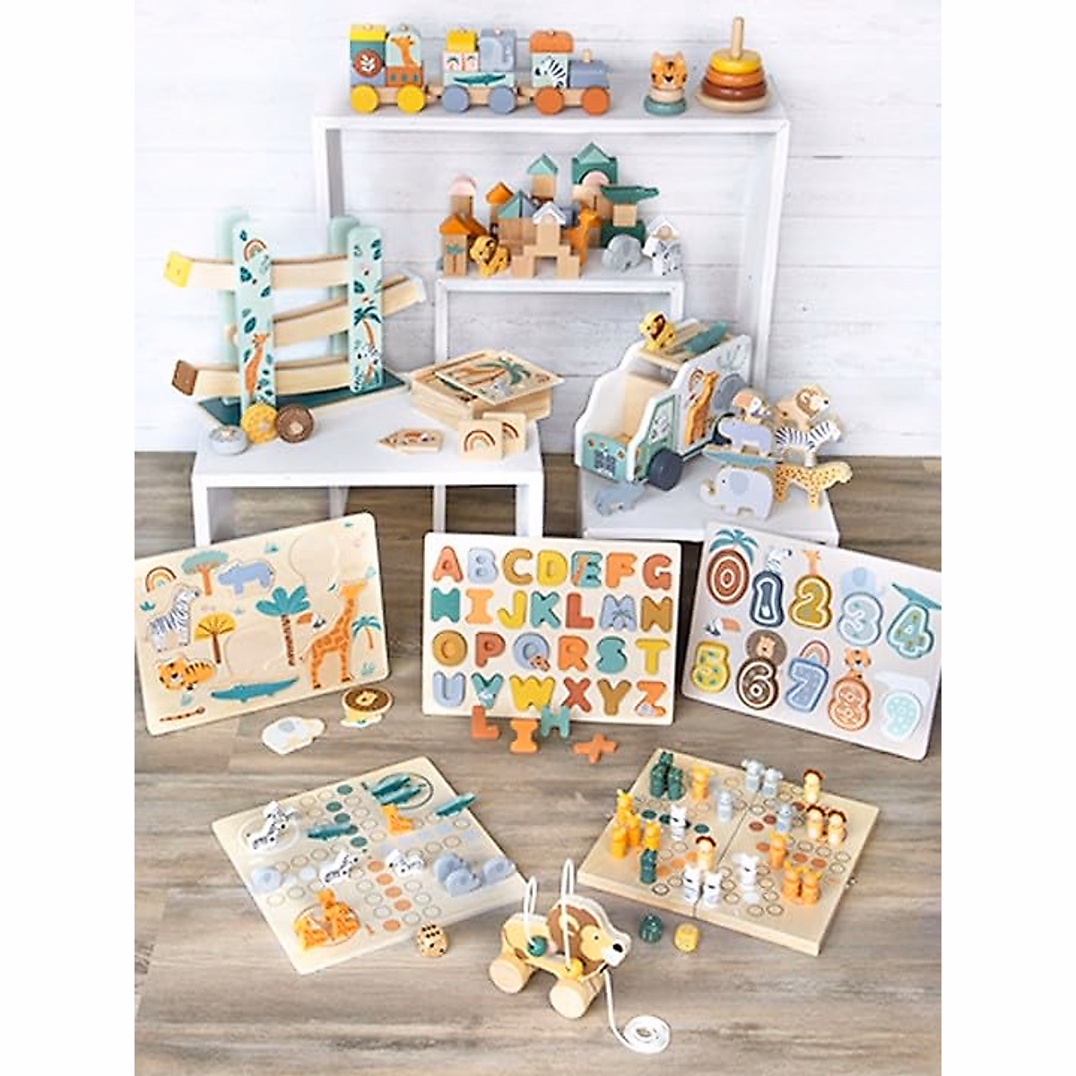 Small Foot- 50 Wooden Building Block Safari Playset- Stacking Toys for Boys and Girls Ages 12+ Months-Montessori-Perfect for Birthdays and Holidays, 7.5 x 6.4 x 7.5